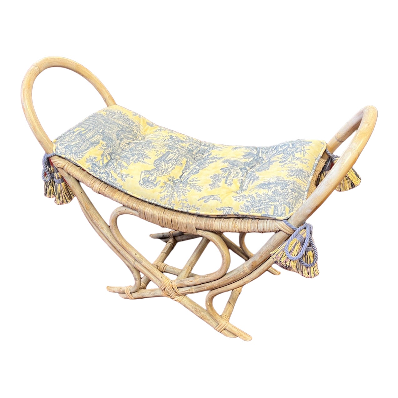Vintage Bamboo & Rattan Vanity Bench With Blue Toile Tufted Cushion ...