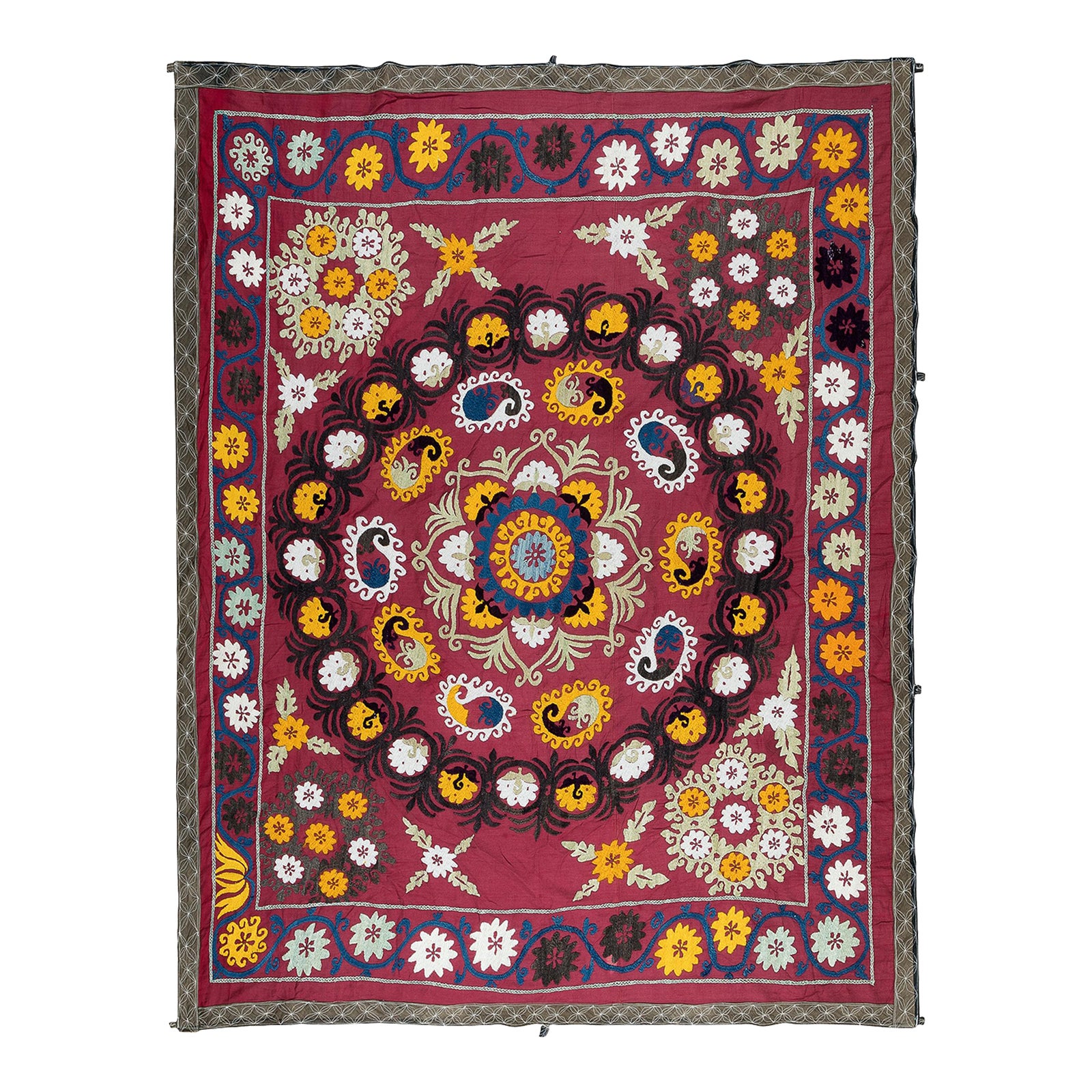 Vintage Uzbek Hand Embroidered Red Bedspread, Decorative Silk & Cotton ...