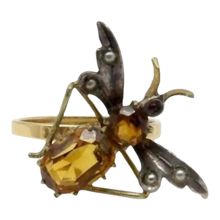 Art Nouveau 14K Gold and Silver Insect Ring with Topaz Size 7.5 | Chairish