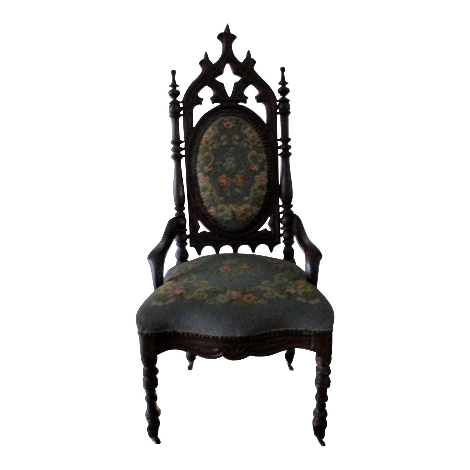 Antique Gothic Revival Mahogany and Needlepoint Half Arm Throne Armchair Chairish