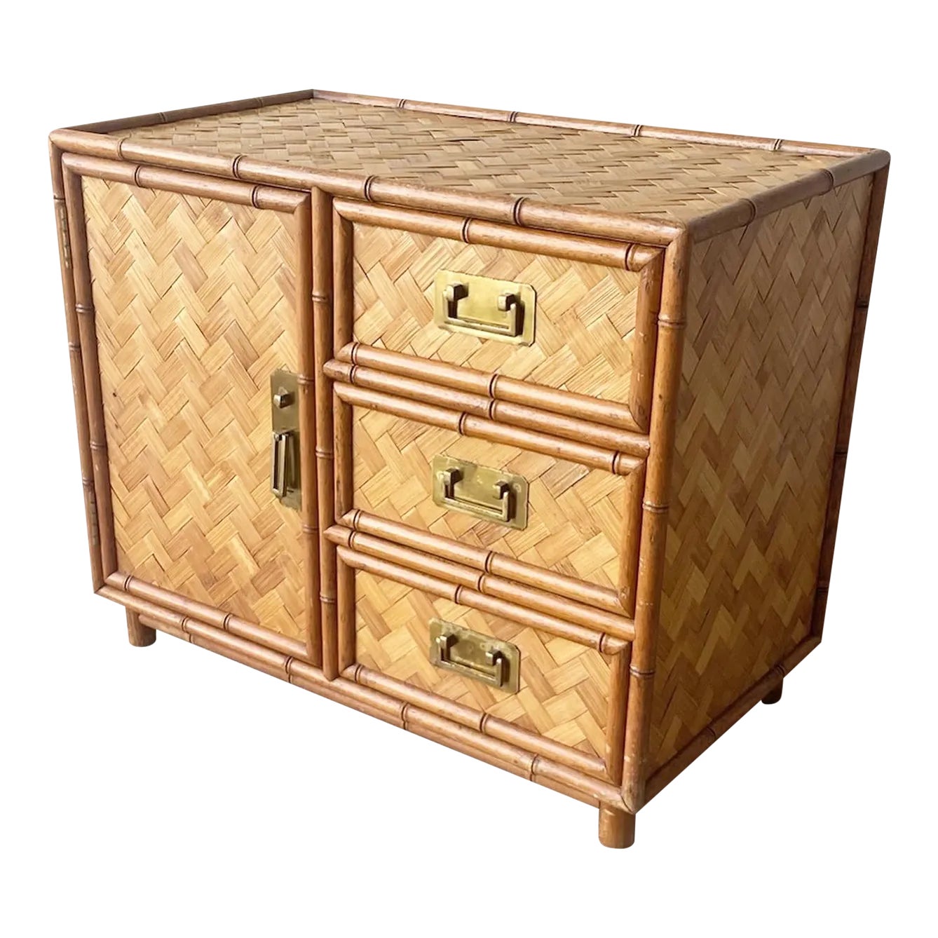 Boho Chic Faux Bamboo and Herringbone Chest Cabinet | Chairish