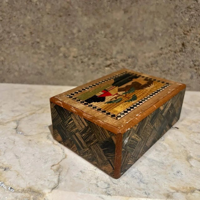 1950s Japanese Secret Puzzle Box Wood Inlay Mt Fuji Floral | Chairish