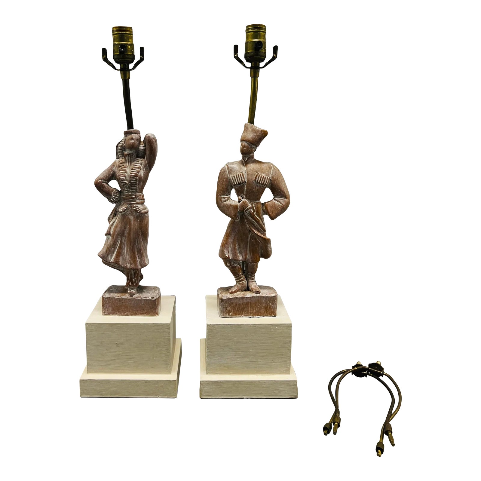 Pair, Yasha Heifetz "Male & Female Dancer" MCM Carved Wood Table Lamps ...