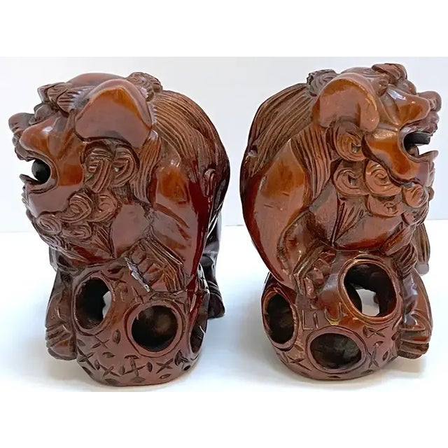 Chinese Carved Hardwood Foo Dogs With Rolling Pearls & Puzzle Balls - a ...