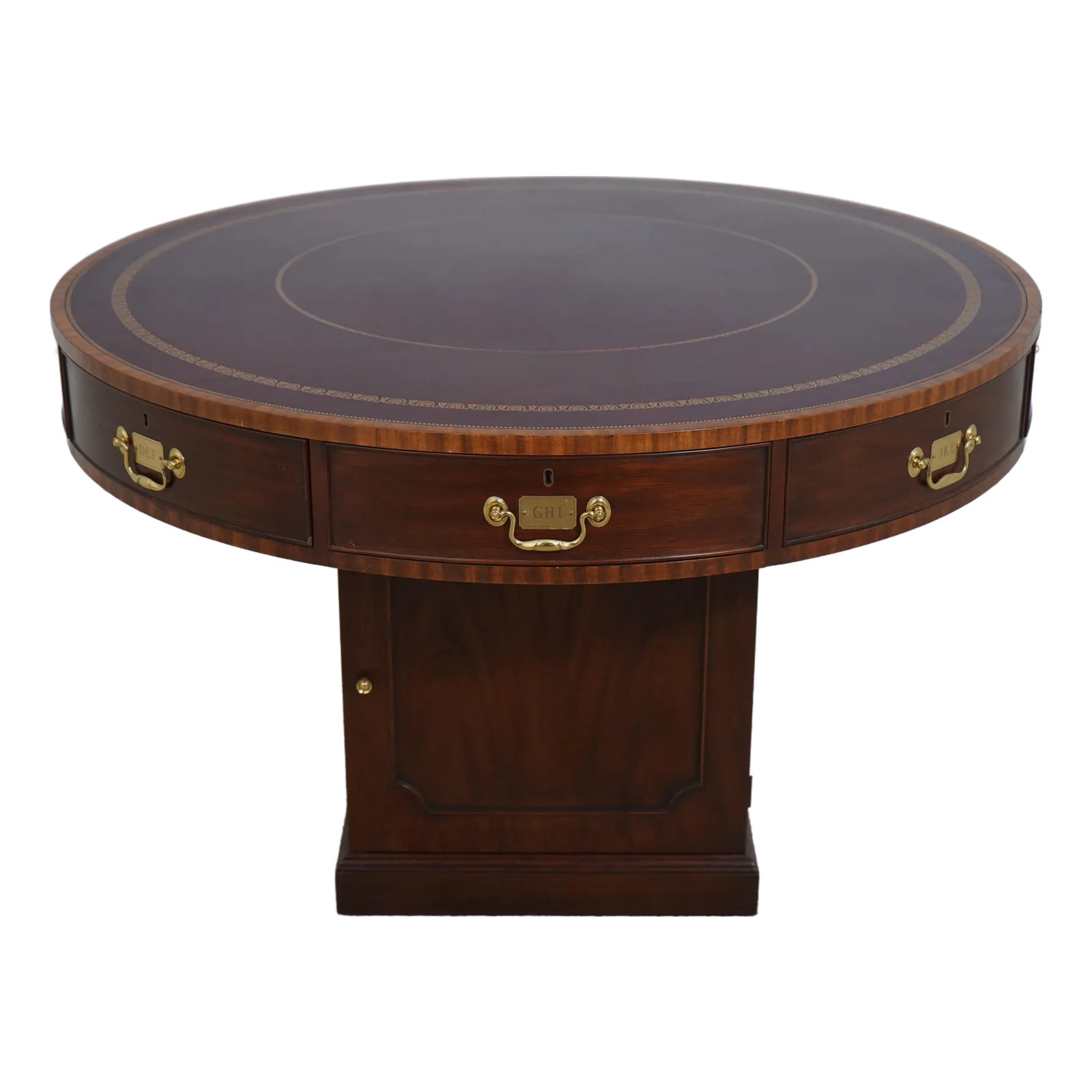 Henkel Harris Moore Leather Top Mahogany Round Rent Table | Chairish