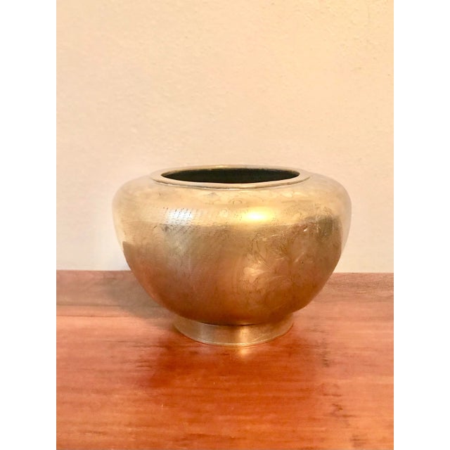 Decorative Vintage Asian Brass Cachepot or Planter With Floral Etchings ...