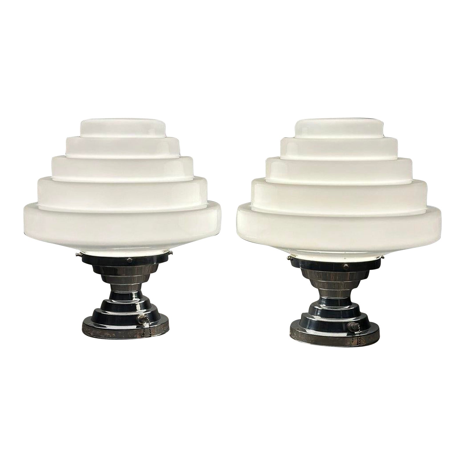 Vintage Art Deco "Skyscraper" Stepped Monax Glass + Chrome Flush Mounts ...