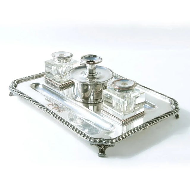 Early 1900s English Silver Plate Inkstand With Glass Inkwells | Chairish