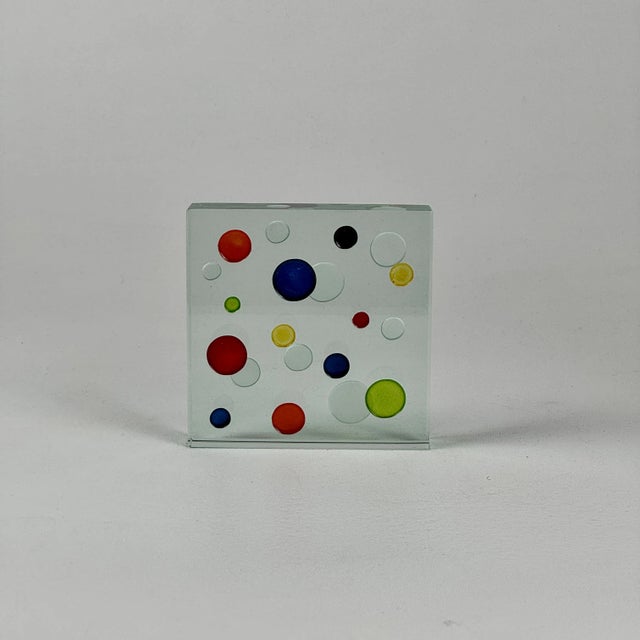 Small Vintage Multicolor Polkadot Art Glass Square Sculpture | Chairish