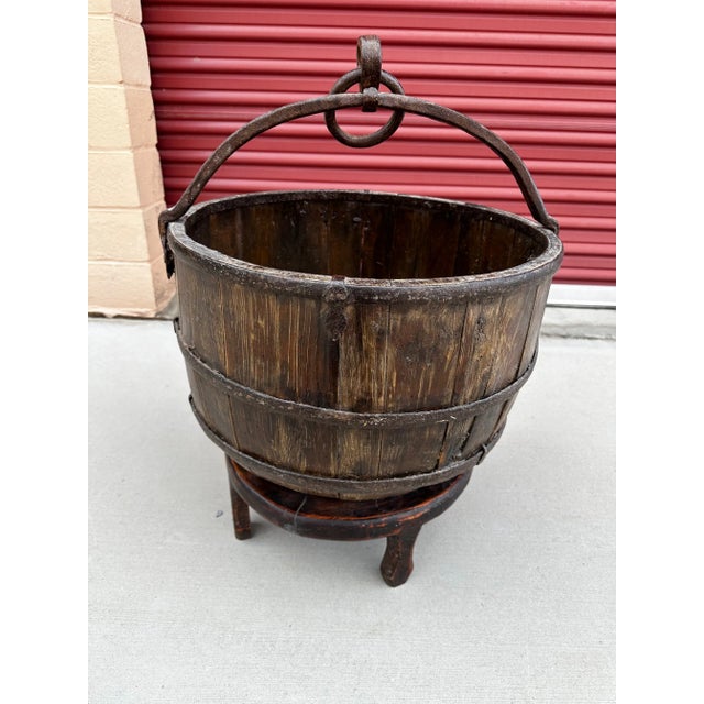 Antique 19th Century Chinese Rice Bucket with Handle & Stand | Chairish