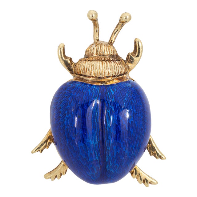 Vintage Blue Enamel 14k Yellow Gold Martine Beetle Brooch | Chairish