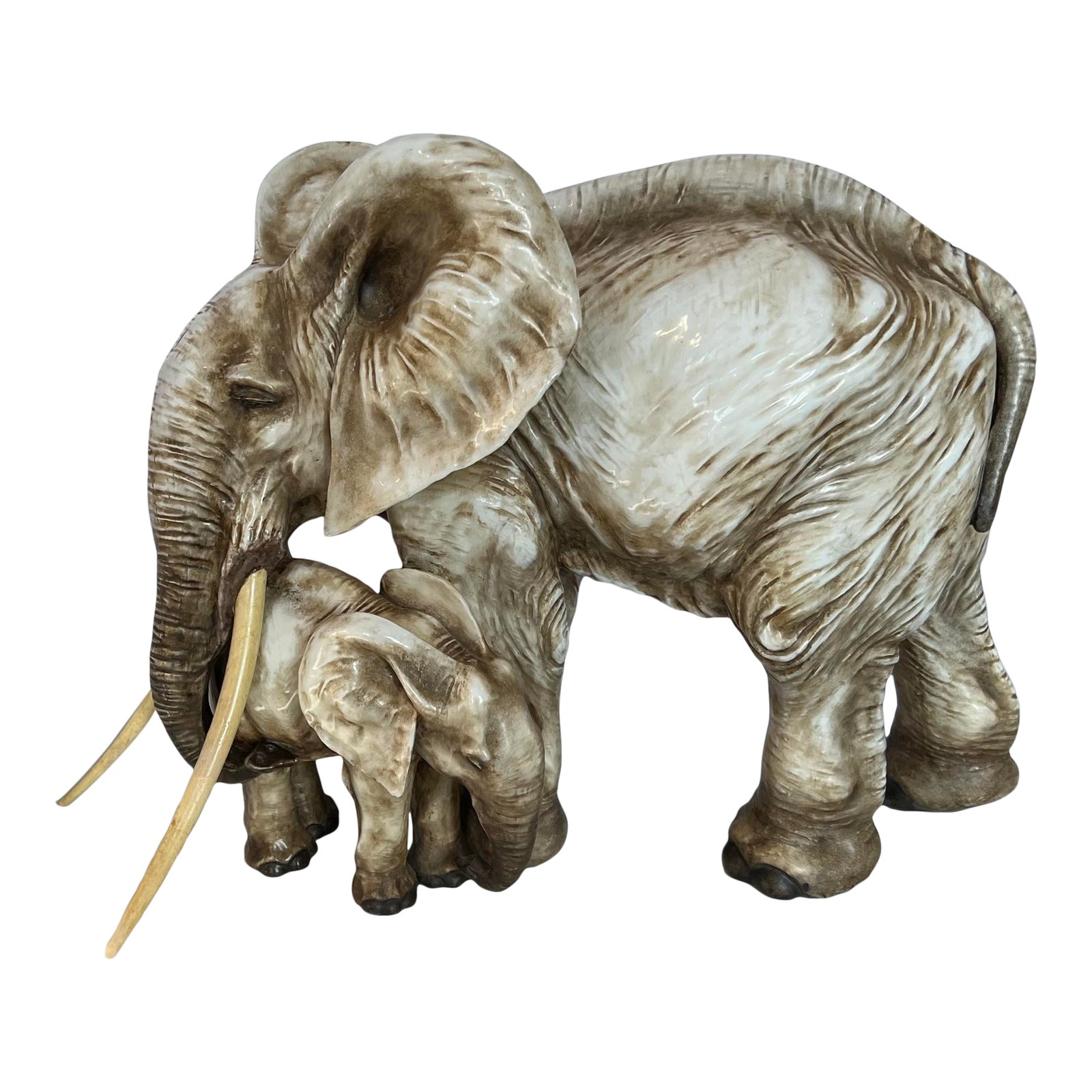 Signed Monumental Italian Terra Cotta Majolica Elephant and Bay 24 ...