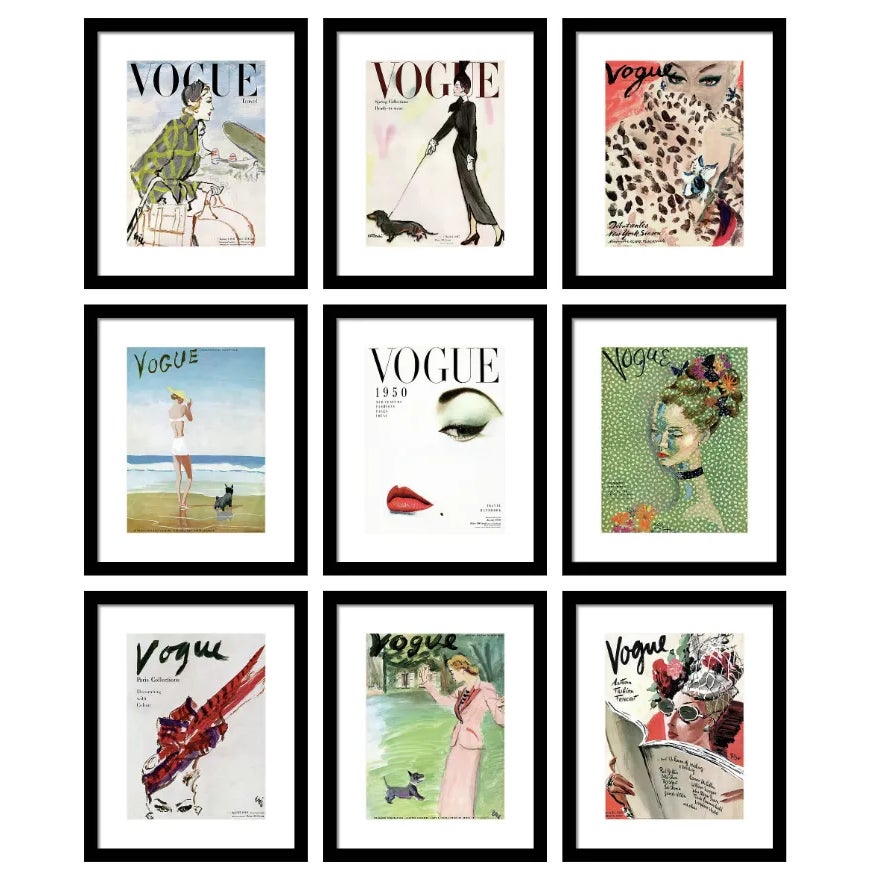 Gallery Wall Framed Art Prints of Vintage Vogue Covers, Set of 9 | Chairish