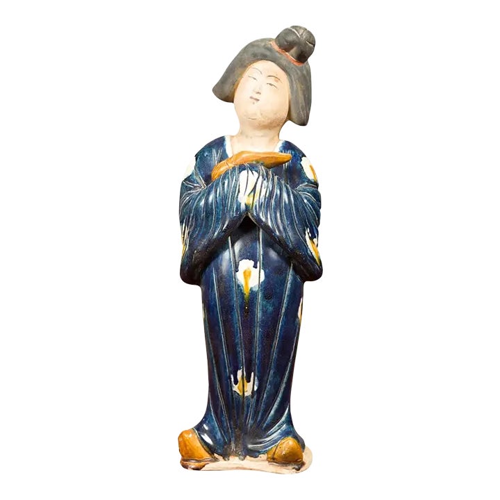 Small Chinese Statue of a Court Lady Wearing Blue Kimono and Holding a ...
