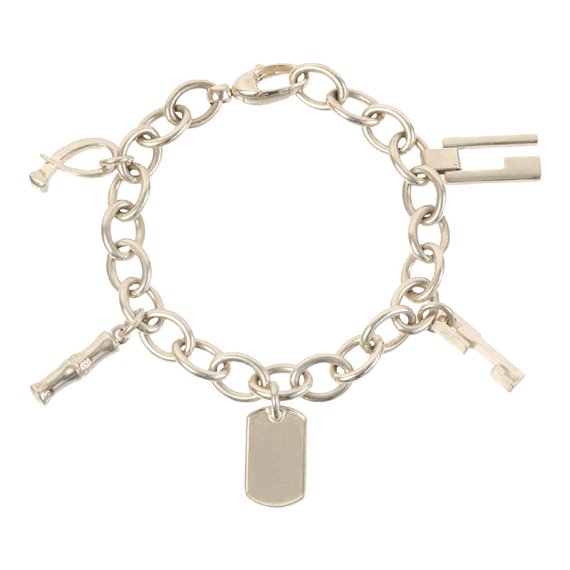 Gucci 925 Logo Plate Multi Charm Chain Bracelet Silver | Chairish