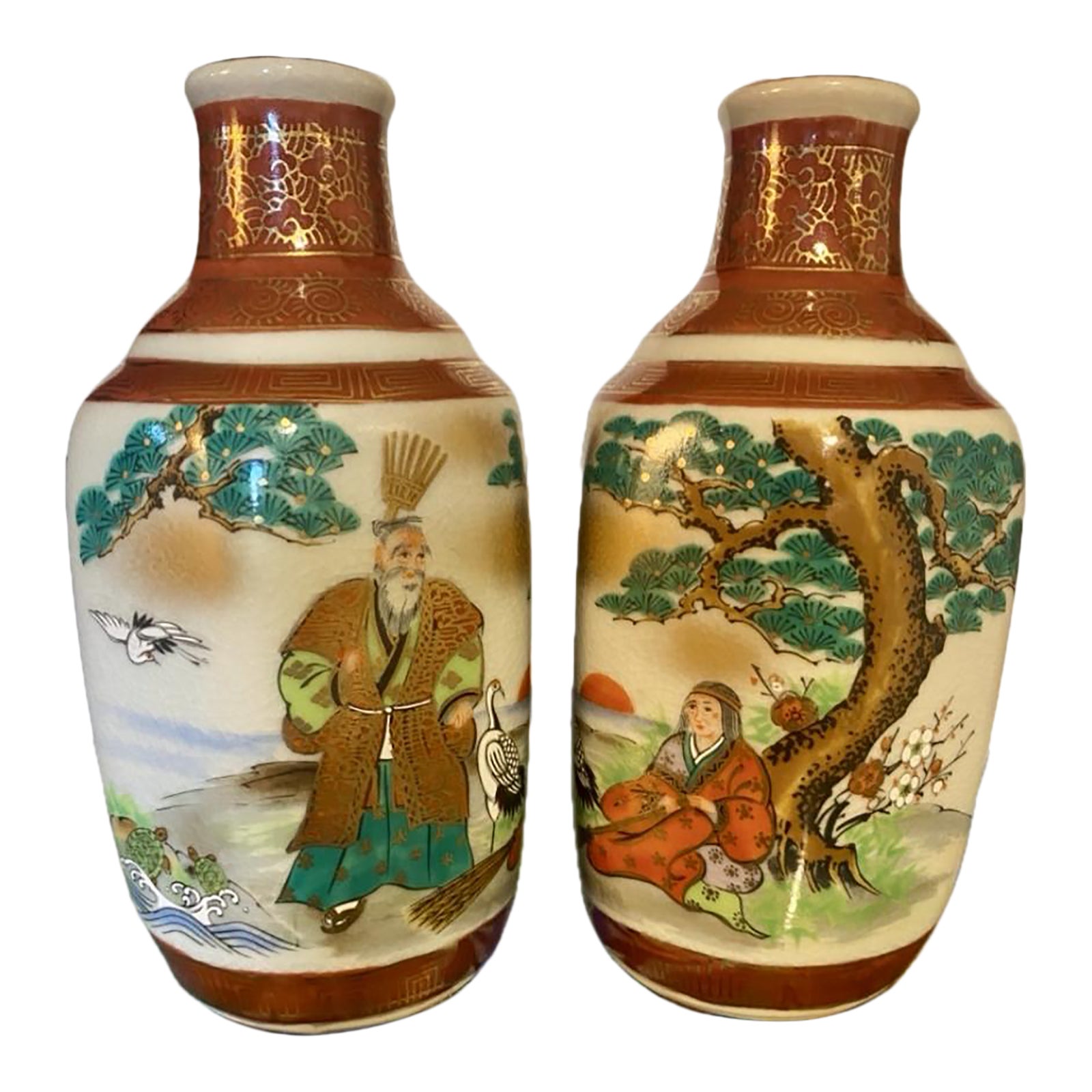 Pair of Antique Japanese Kutani Tozan Meiji Era Hexagonal Porcelain ...