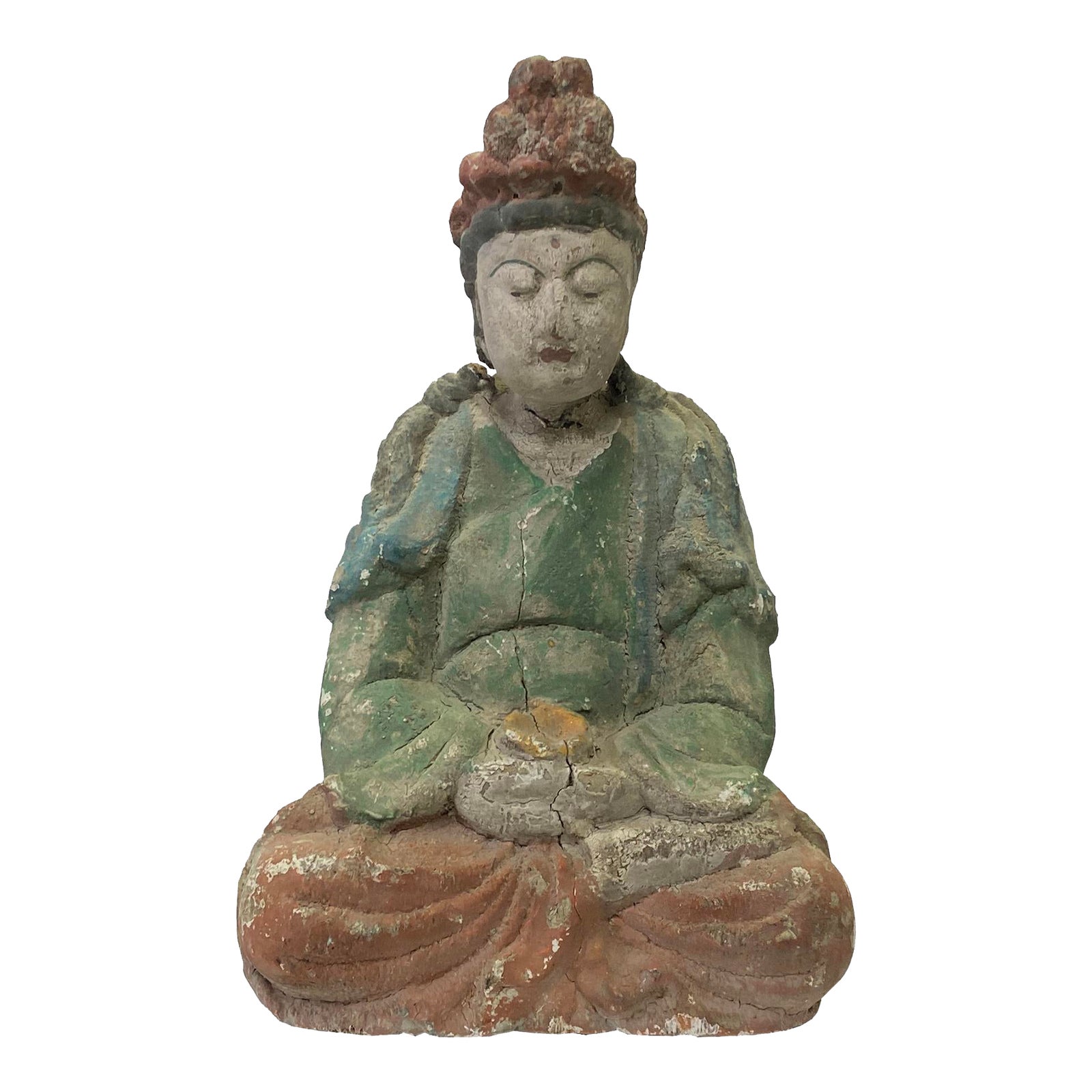 Rustic Wood Sitting Bodhisattva Kwan Yin Green Dress Buddha Statue ...