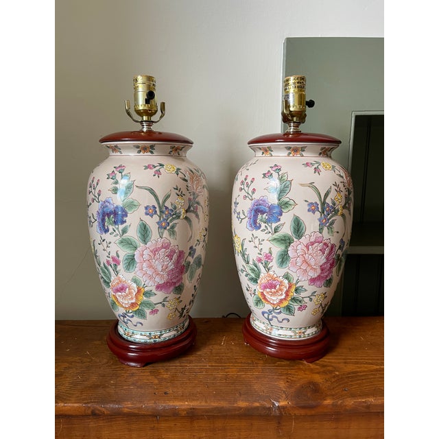 Vintage 1990s Pink Floral Table Lamps - a Pair | Chairish