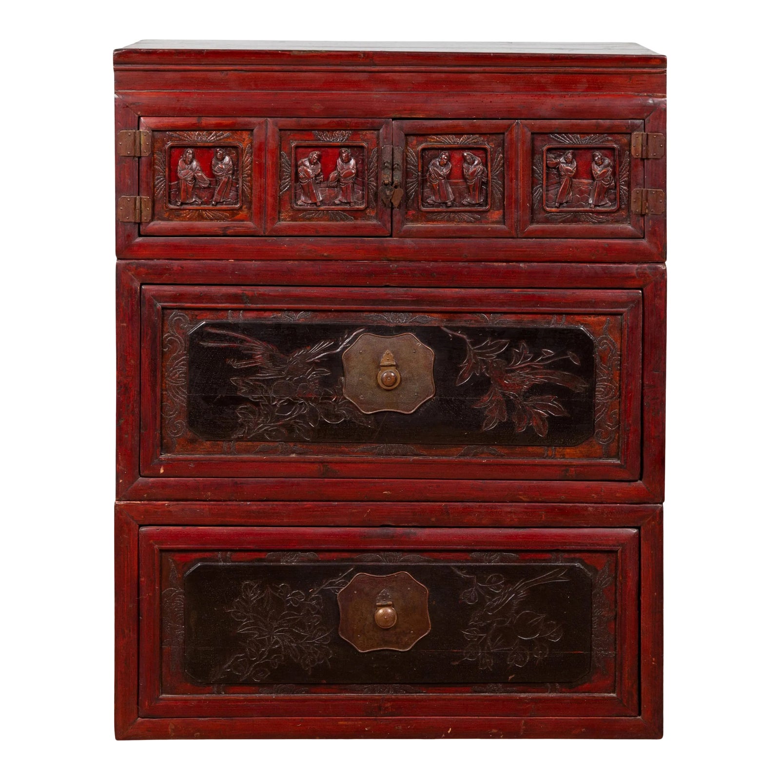 Antique Chinese Red and Black Lacquered Three-Section Chest with Carved ...