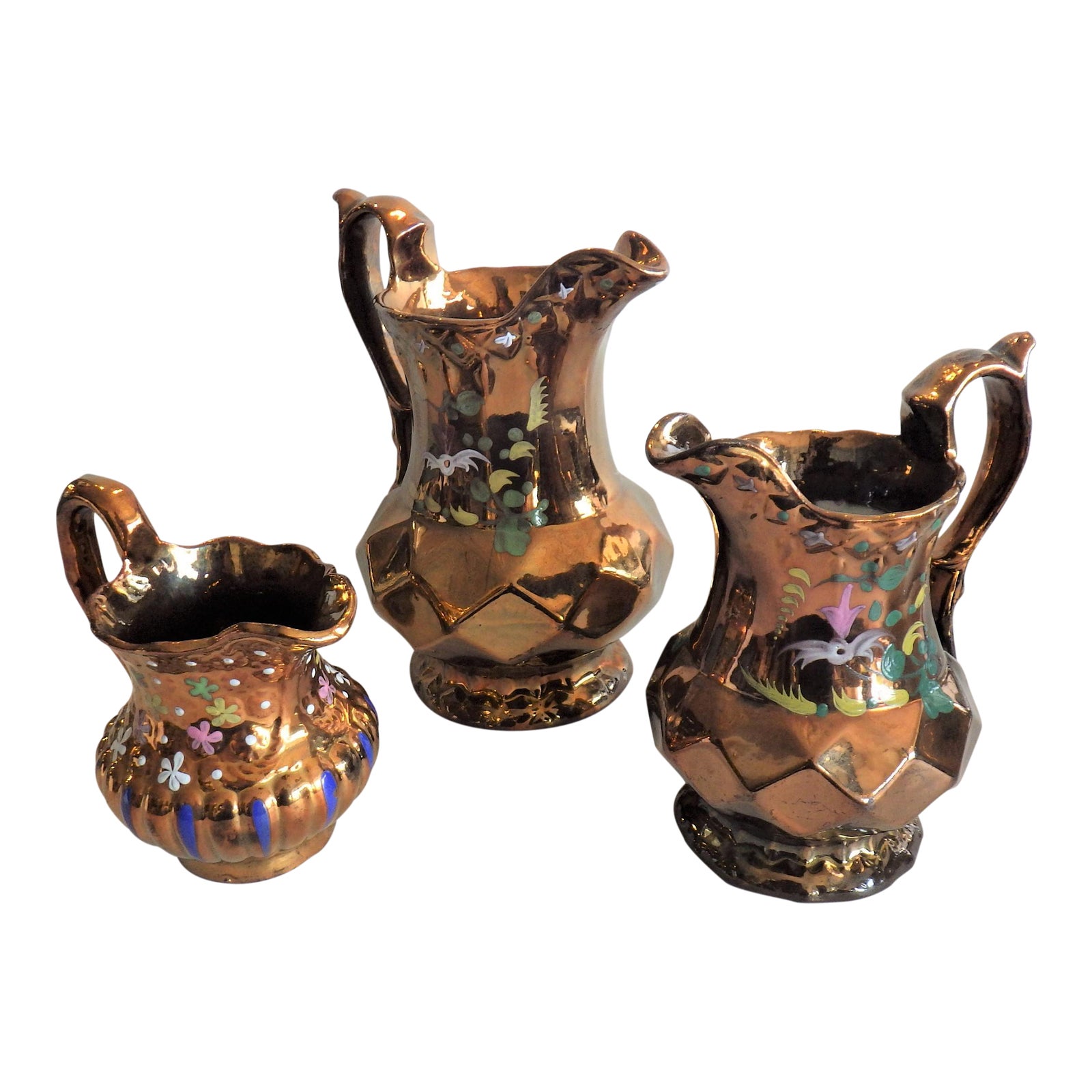 19th Century Copper Lusterware Pitcher Collection- 3 Pieces | Chairish