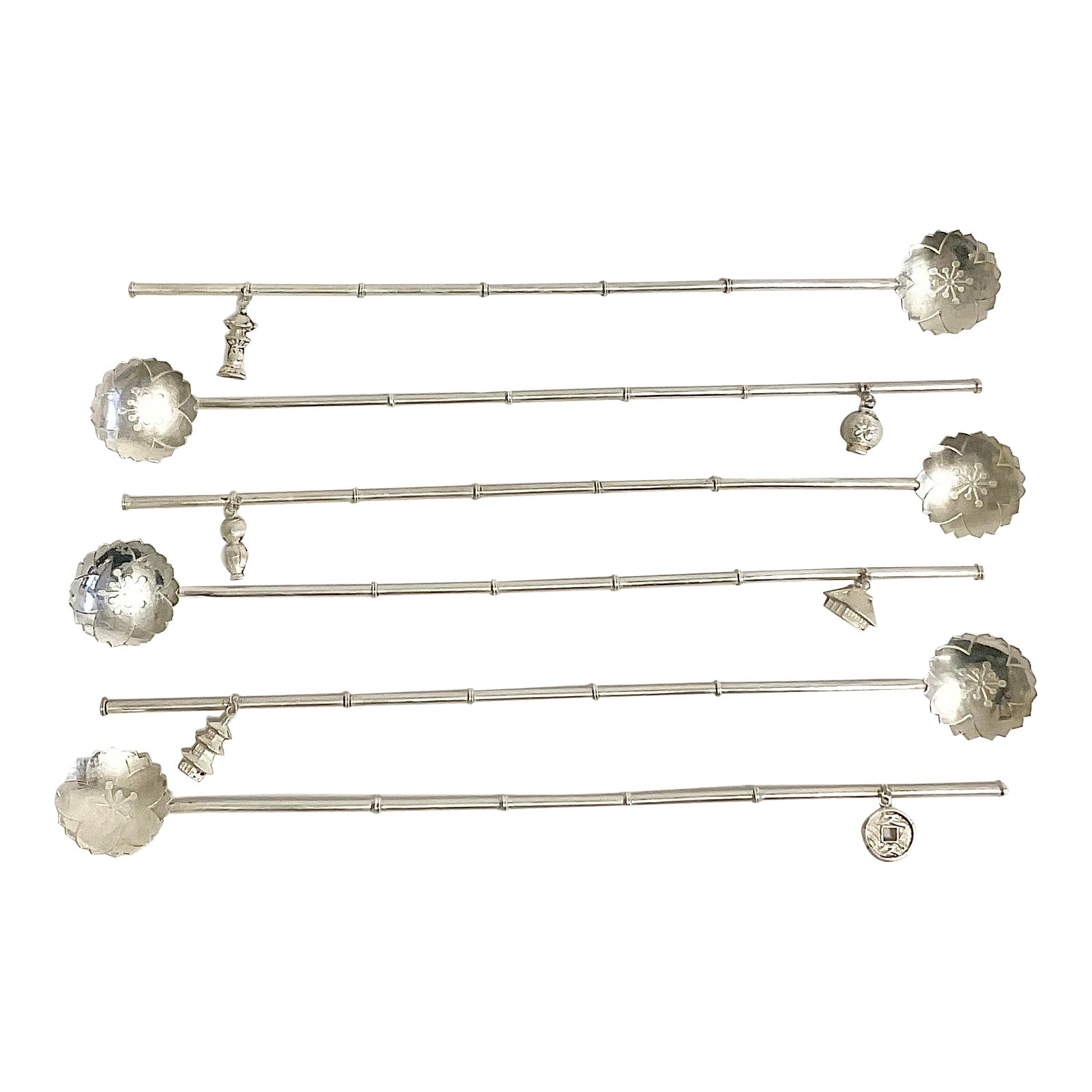 1950s Vintage Chippendale Chinoiserie Sterling Bamboo & Lotus Ice Tea Spoons - Set of 6. | Chairish