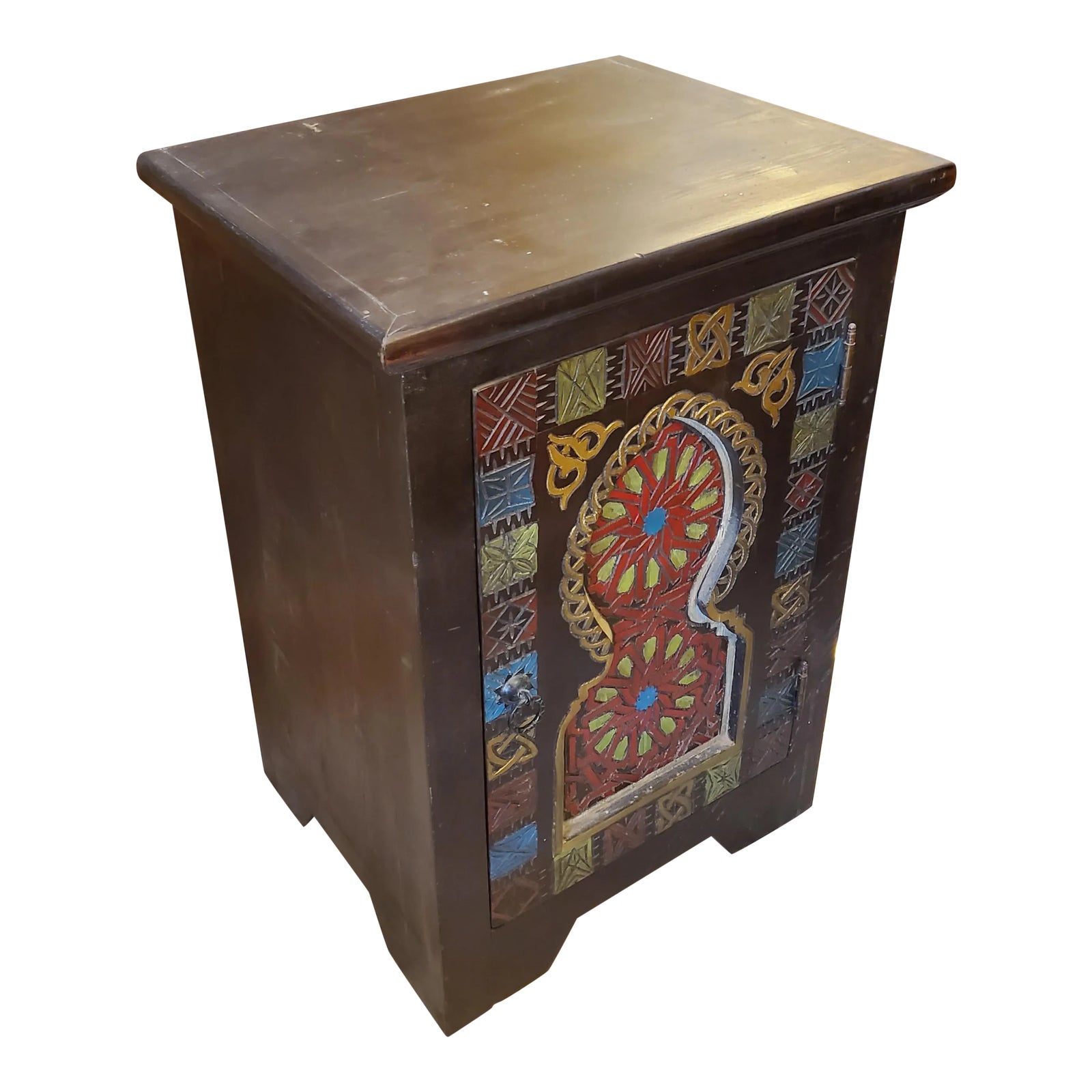 Contemporary Moroccan Hand Painted Nightstand with Multicolor Carvings ...