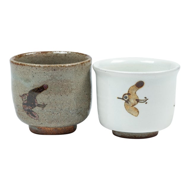 Mid 20th Century E-Garatsu Ochoko Pair With Bird Decoration | Chairish
