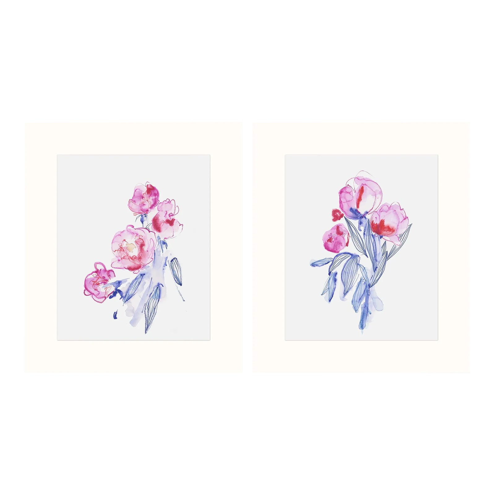 "Pink and Blue Flowers" Original Set of Two Watercolor Paintings by ...