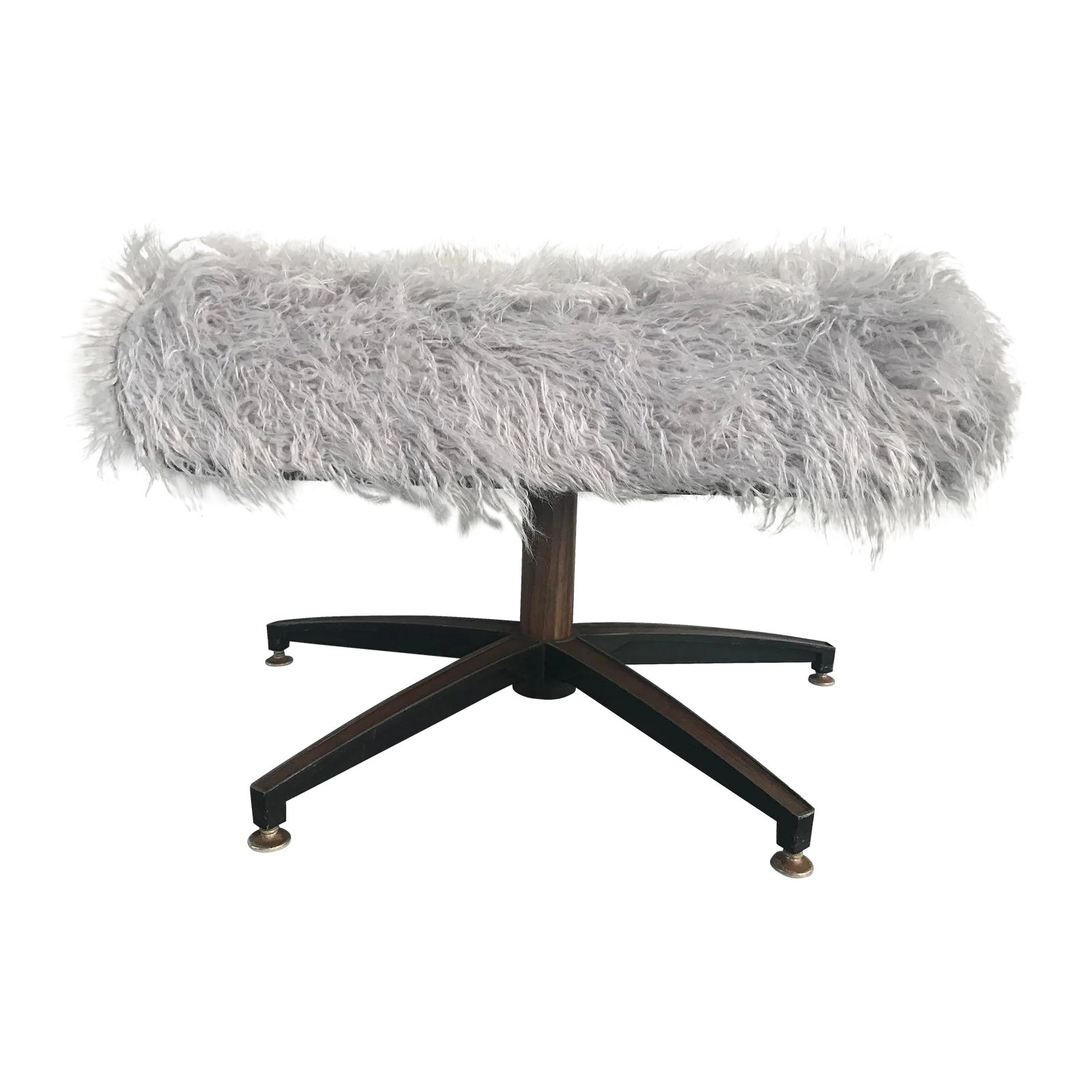 Mid Century Walnut and Faux Fur Footstool, 1960s | Chairish