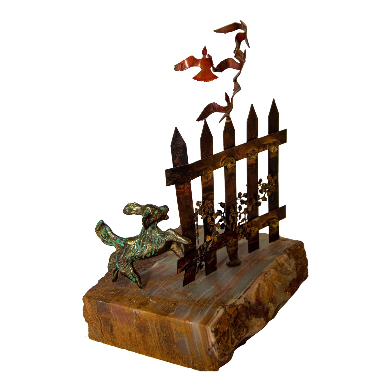 Bijan Metal Sculpture Dog With Birds Pursuit Copper and Brass on Stone ...