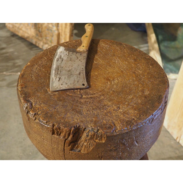18th Century French Manoir Kitchen Butcher Block With Cleaver | Chairish