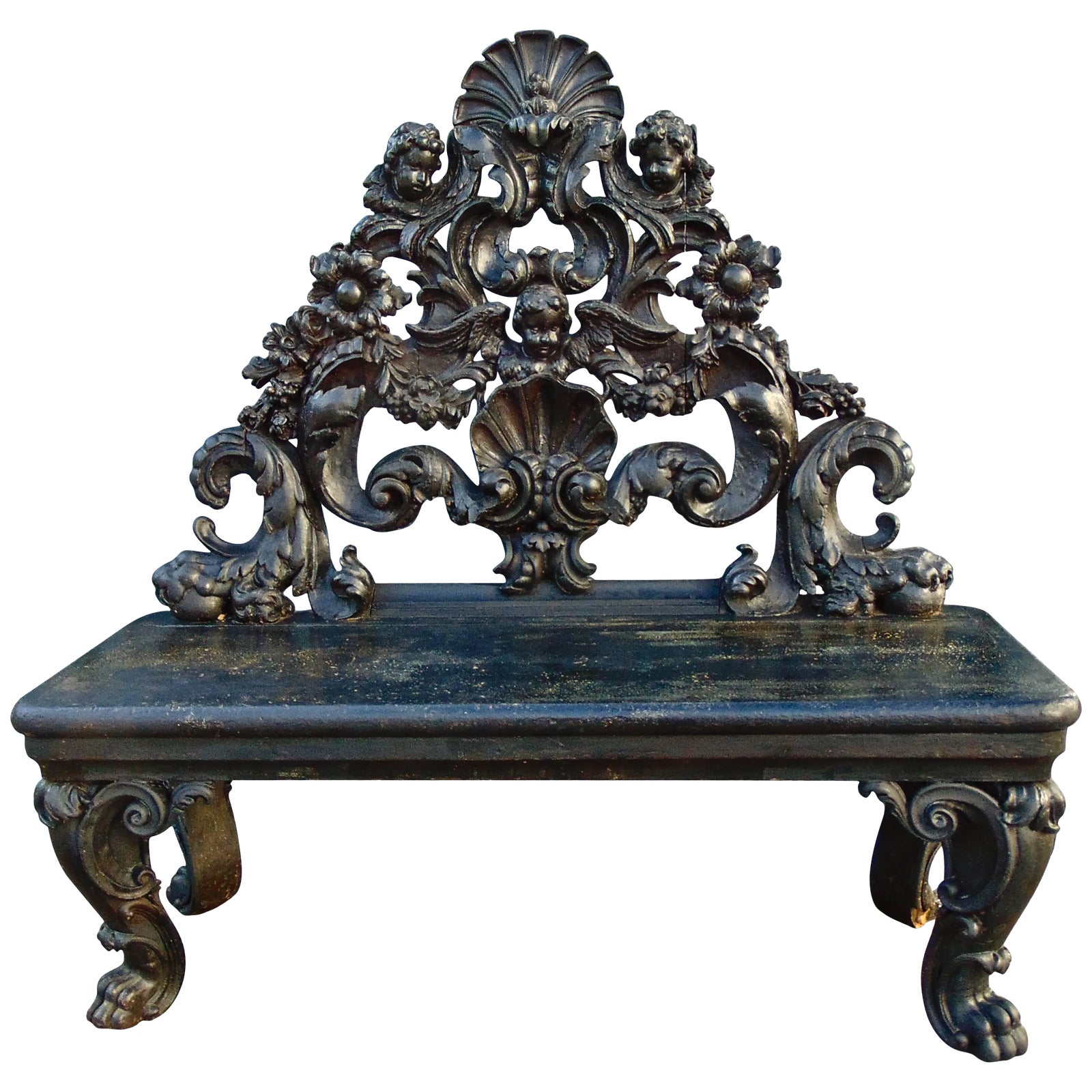 Period Italian Baroque Ebonized Bench | Chairish