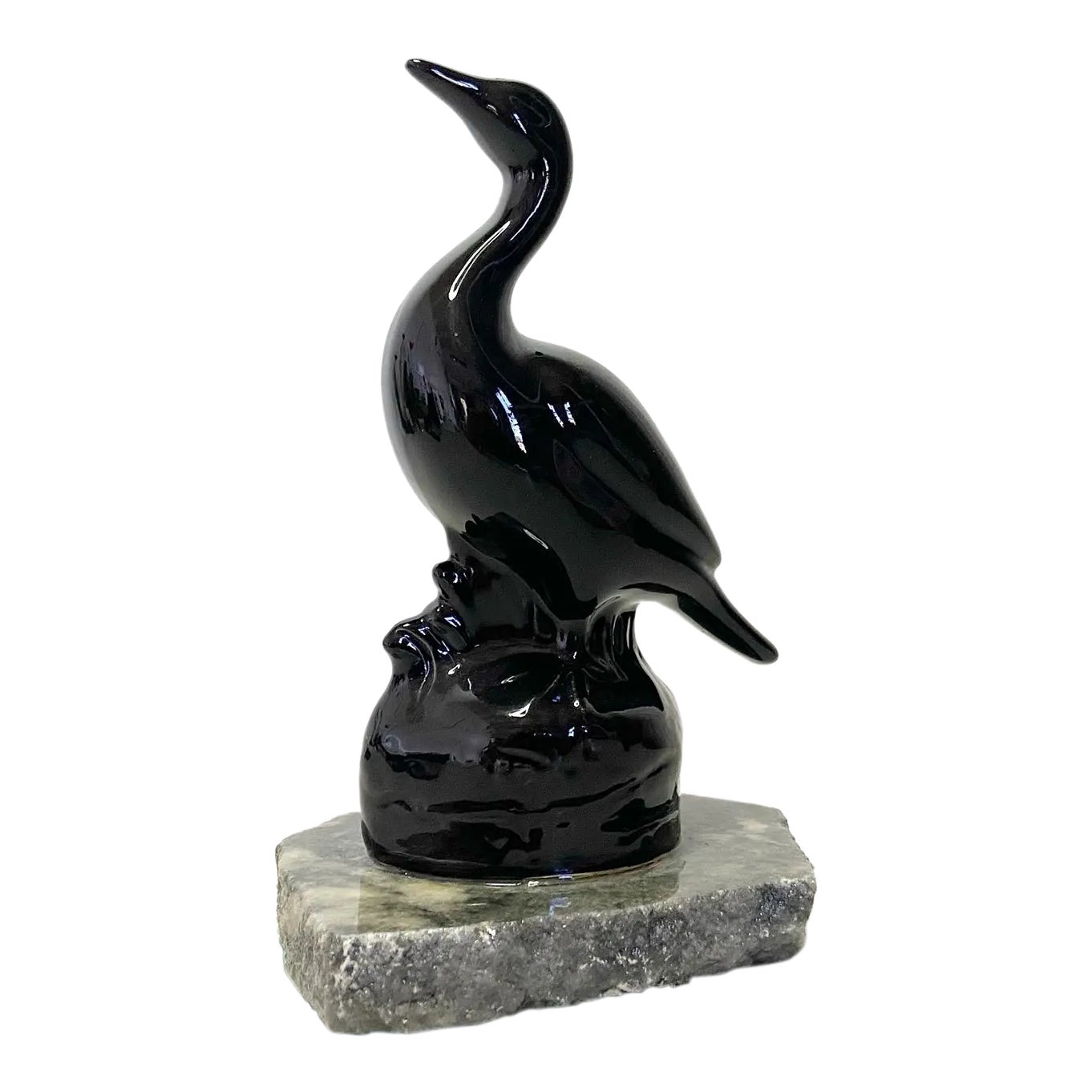 Postmodern Black Porcelain Duck Sculpture on Marble Base | Chairish