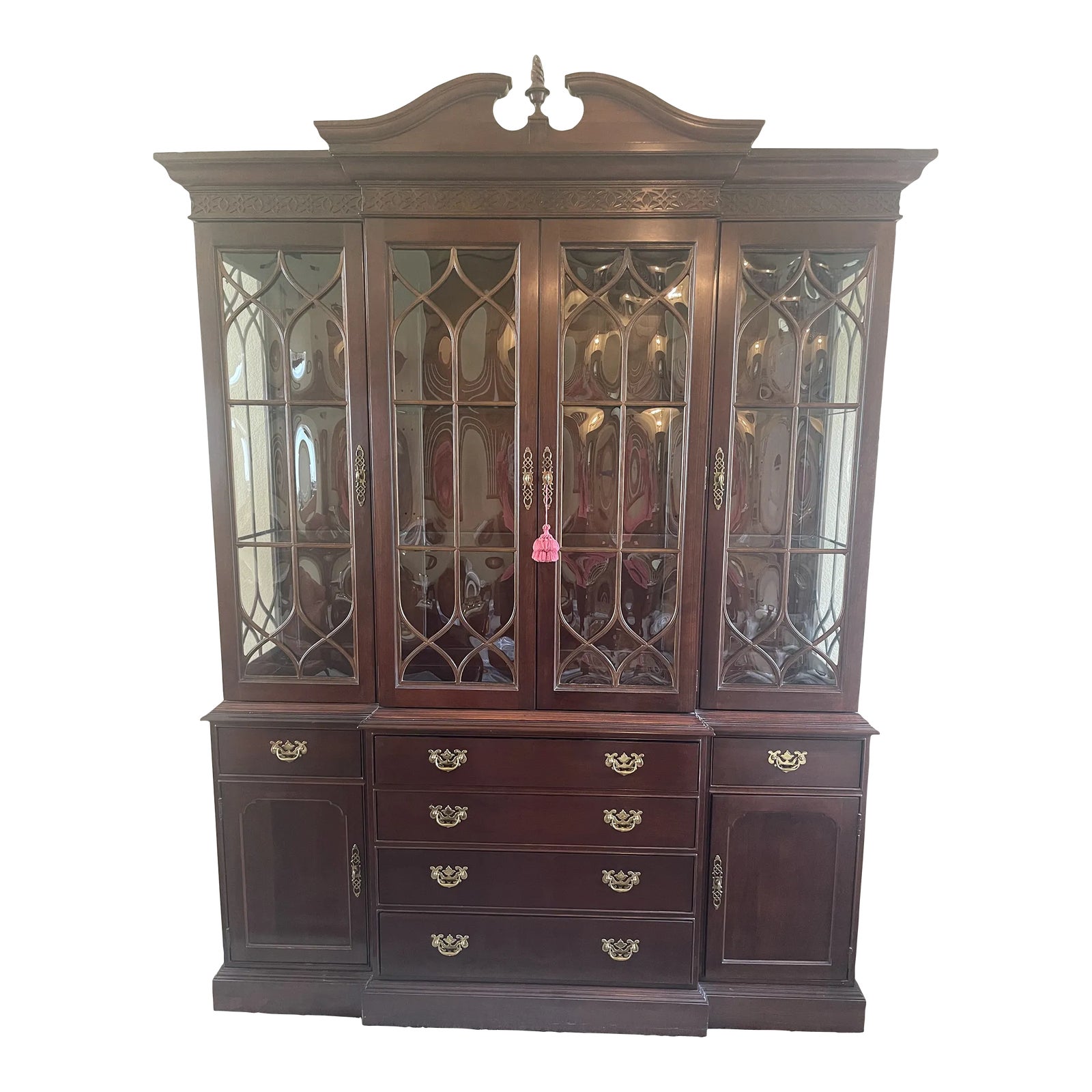1998 Knob Creek Breakfront China Lighted Curved Glass Doors | Chairish
