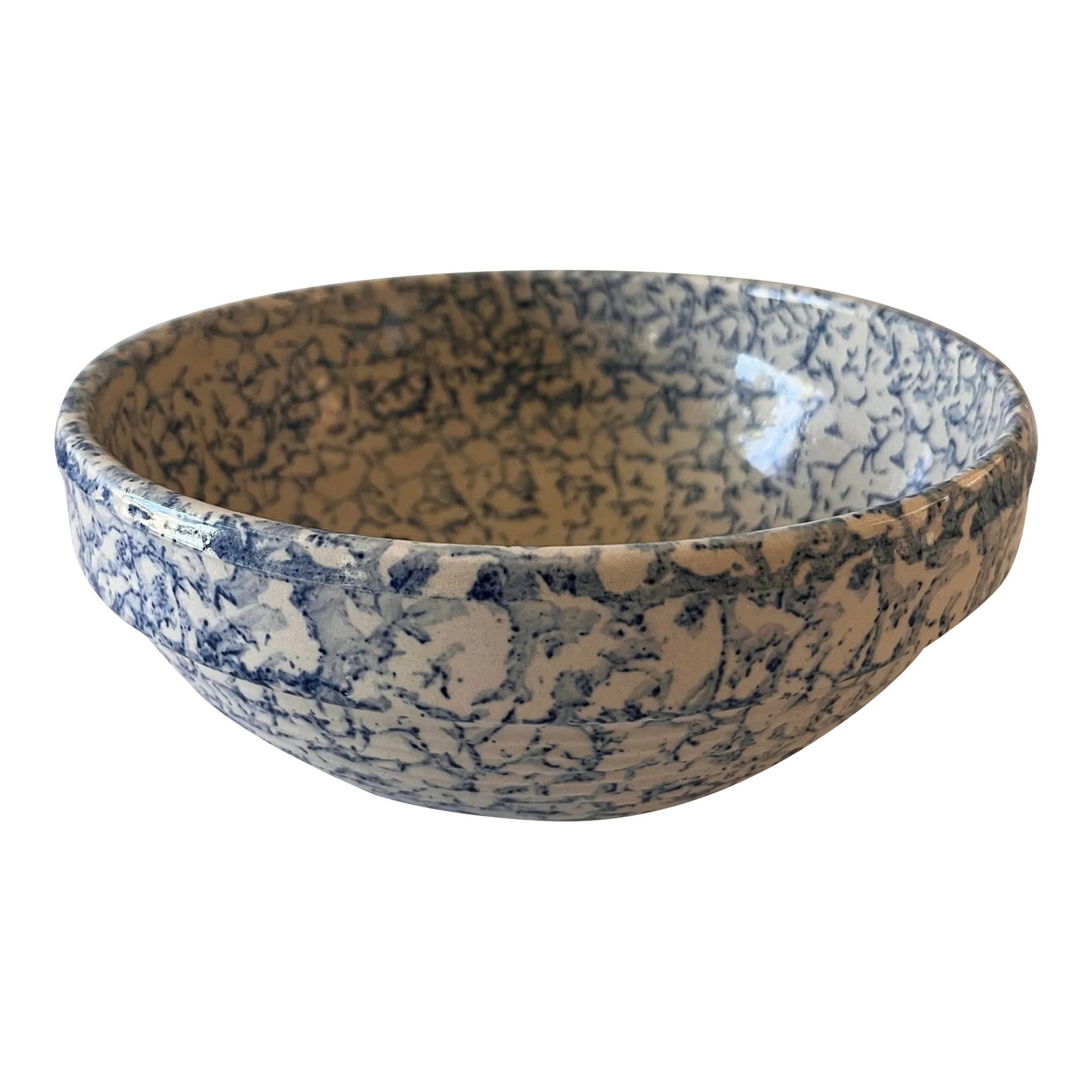 Small Vintage Marshall Pottery Blue Spongeware Mixing Bowl | Chairish