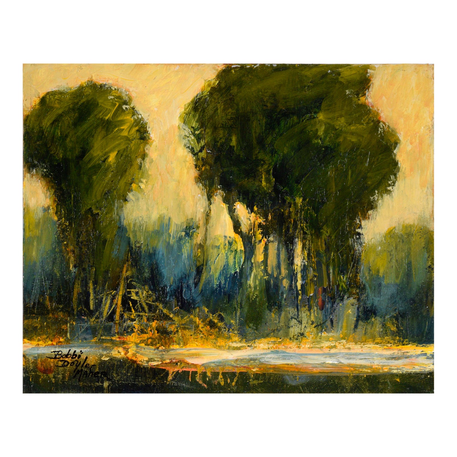 Trees by the Pond at Sunset - Landscape in Acrylic on Artist's Board by ...