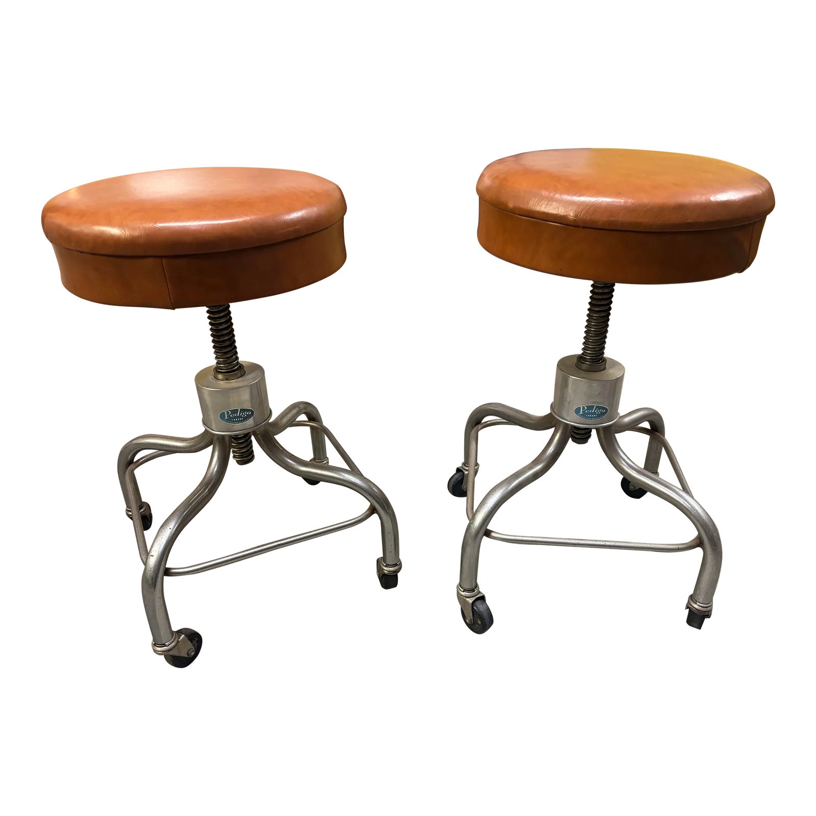 Pair of Vintage Pedigo Chrome and Leather Rolling Stools | Chairish