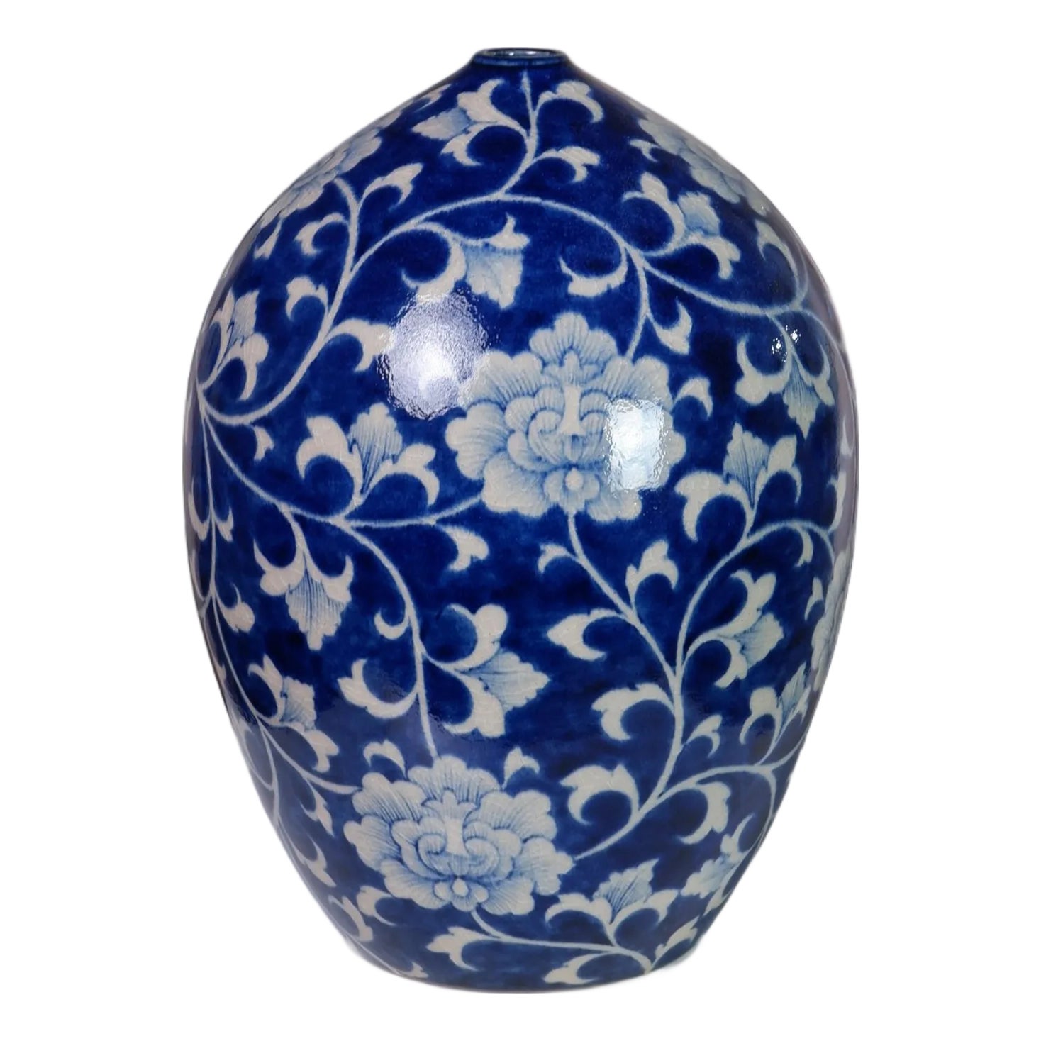 Handcrafted Cobalt Blue and Ivory Floral Crackle Glaze Vase by Pottery ...