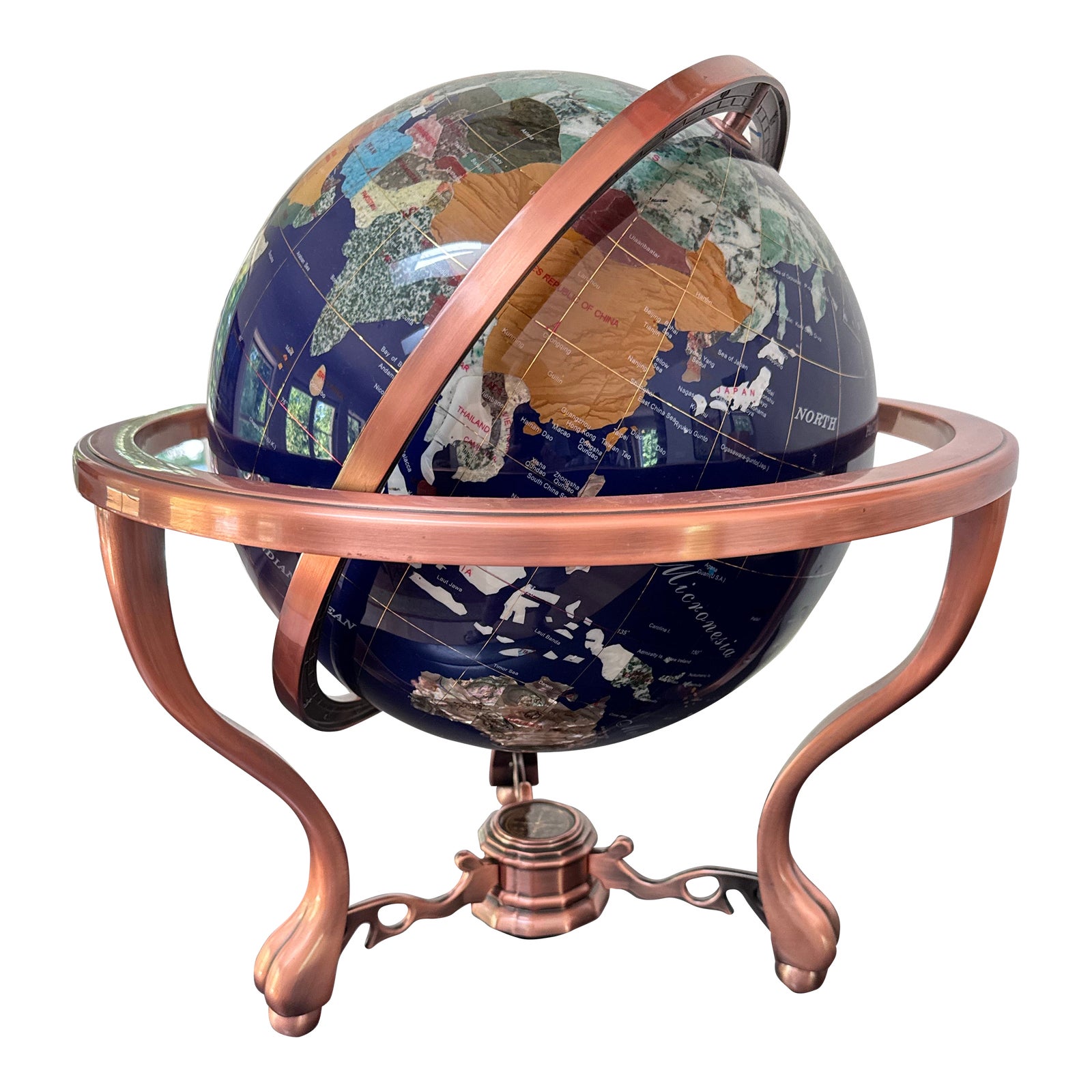 Gemstone World Globe on Copper Stand With Compass | Chairish