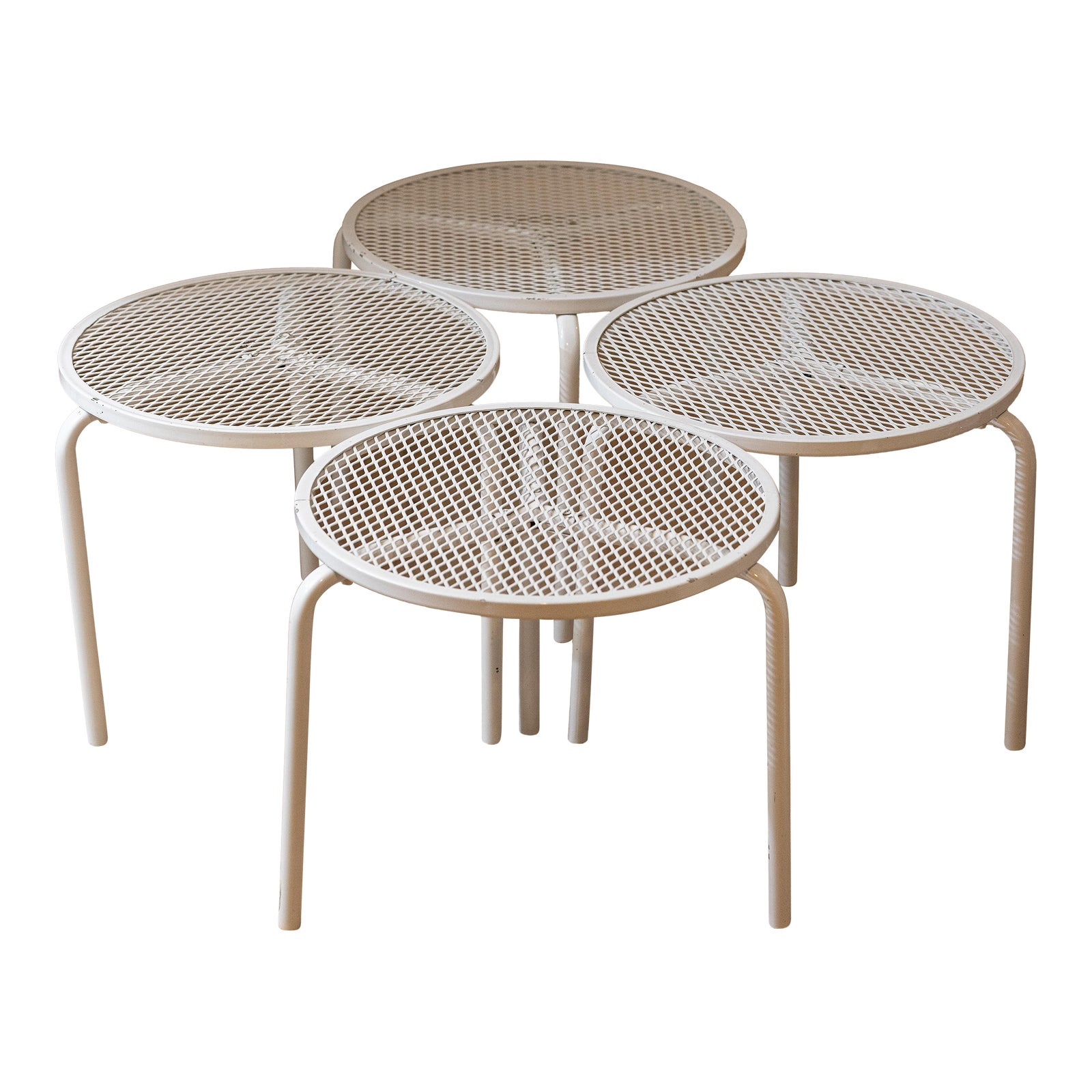 1960s Mid-Century Italian Style White Metal Mesh Tripod Stacking Tables ...