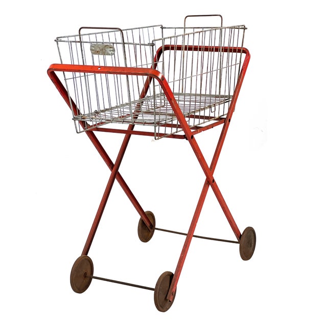 Vintage 1950s Industrial Orange Rolling Folding Laundry Cart With ...