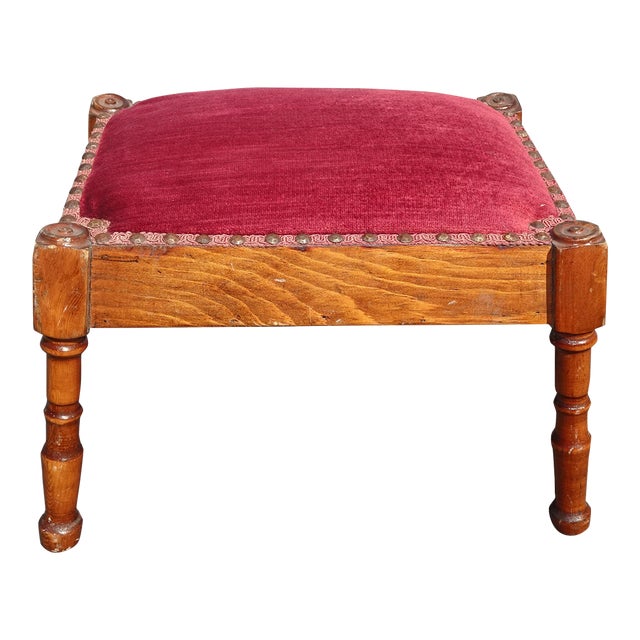 Vintage Oak French Country Rose Colored Velvet Footstool W Decorative ...
