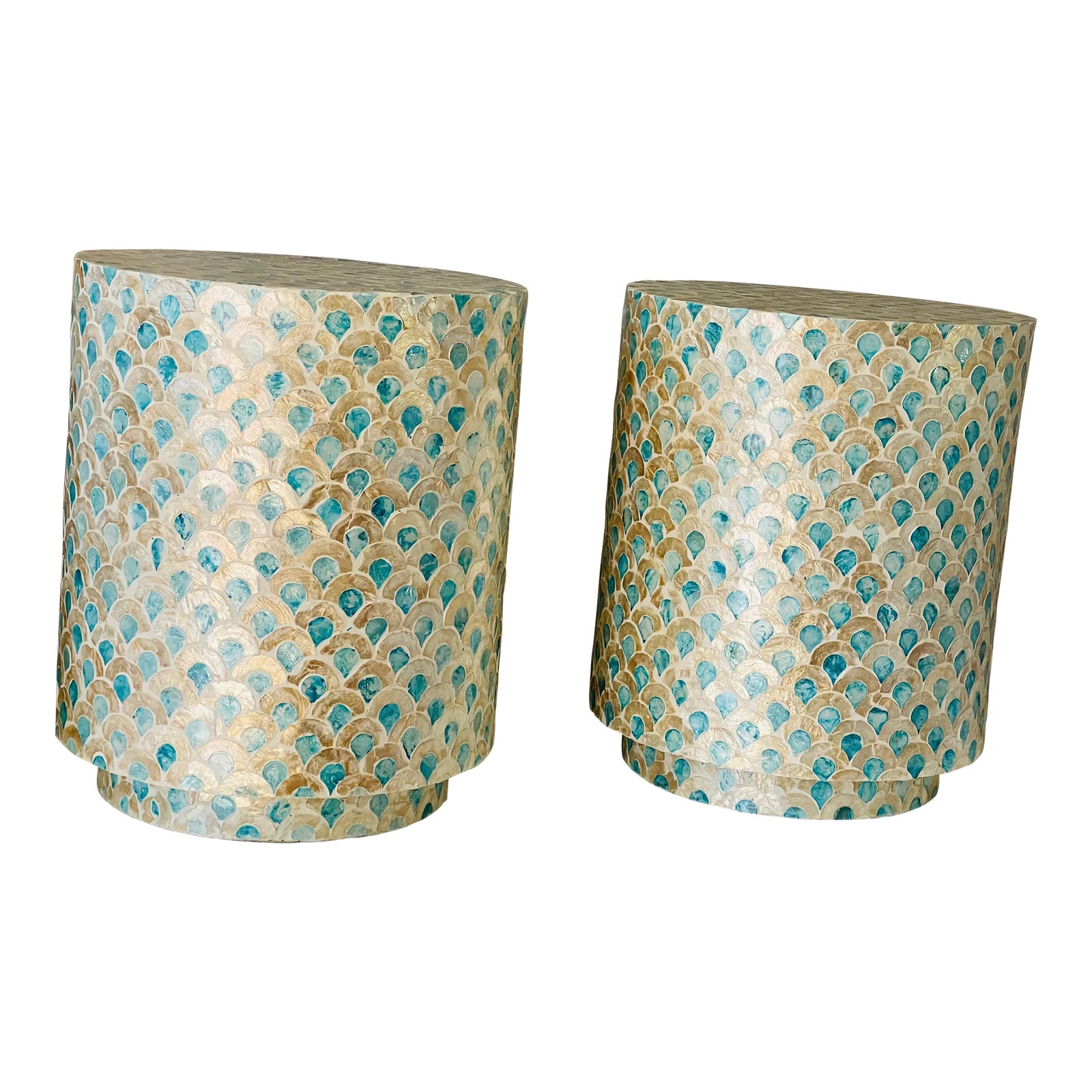 Pair of Capis Shells Peacock Round Side Tables | Chairish