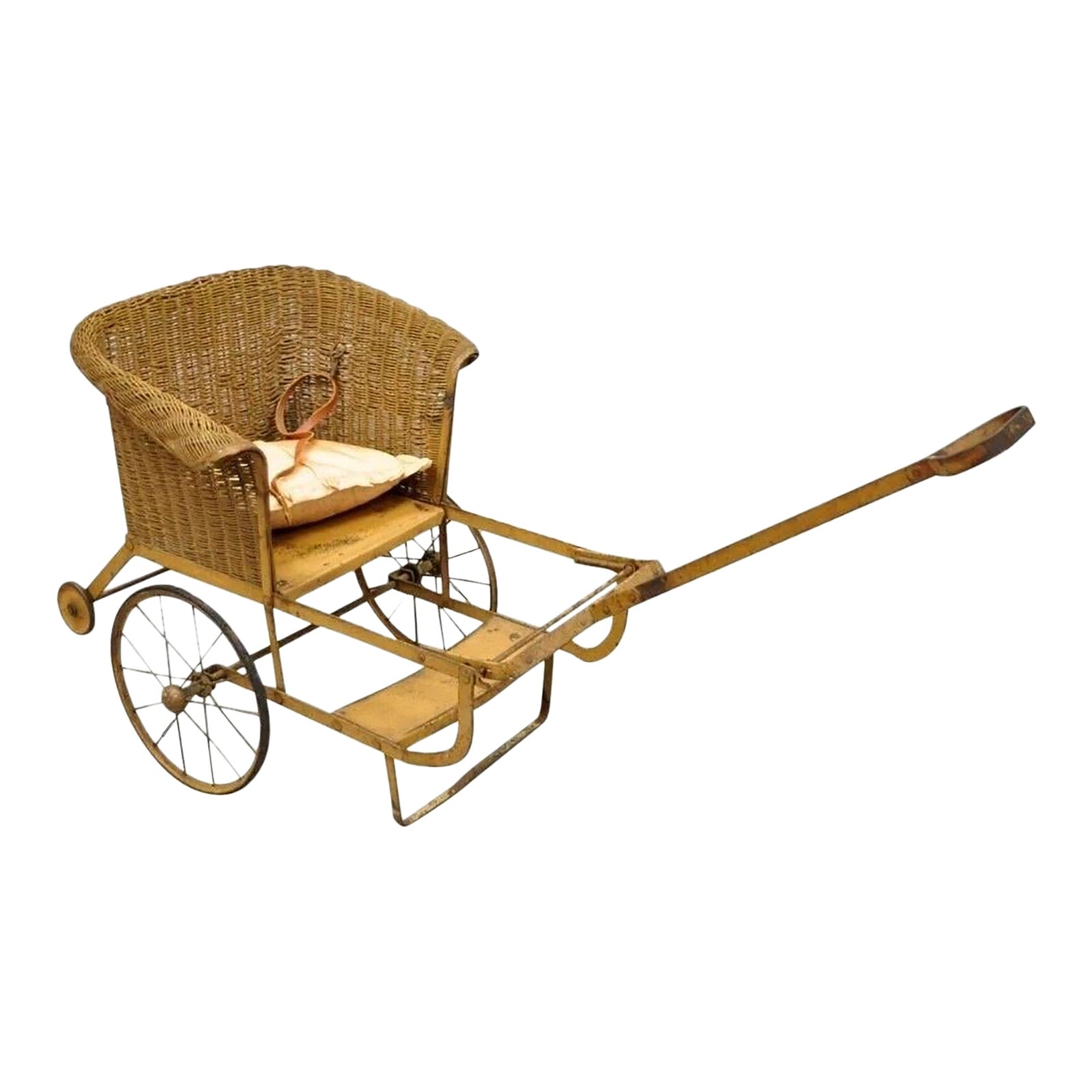Antique Victorian Wicker & Metal Baby Carriage Pull Behind Stroller Dog ...