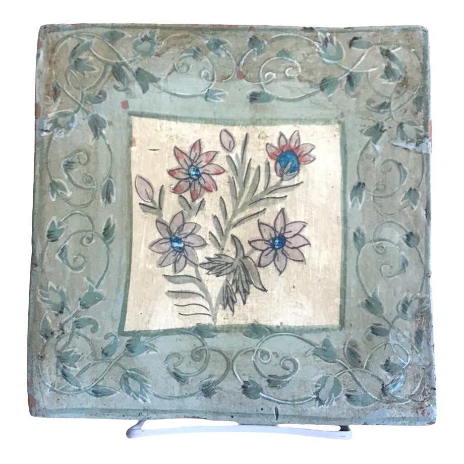 Vintage Artisan Hand Painted Green Floral Old World Terracotta Clay ...