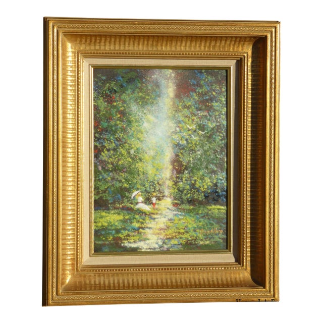 David Karp Woman W Umbrella Child Garden Scene Enamel on Copper ...