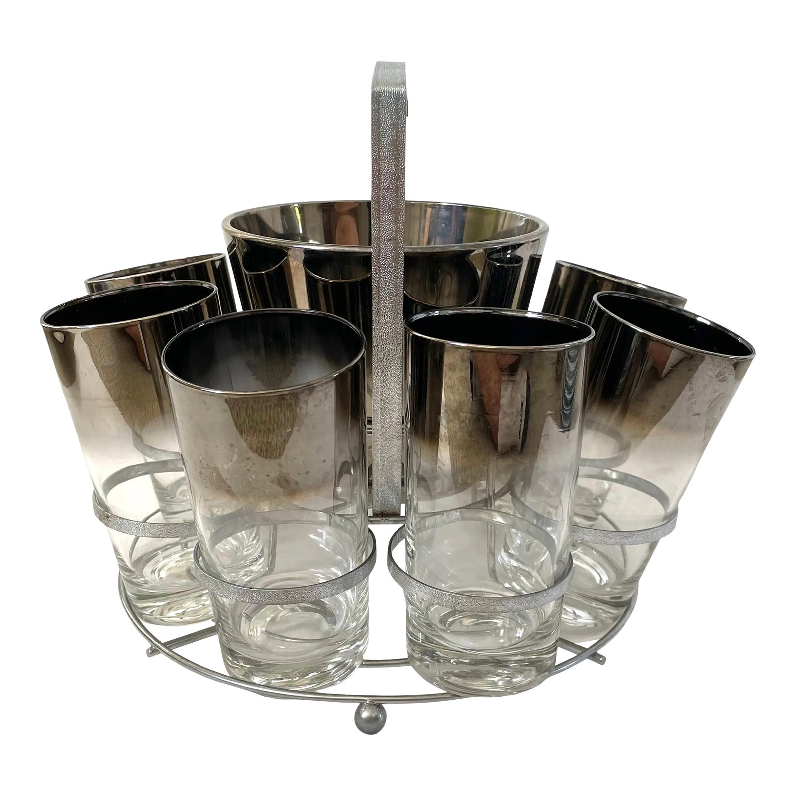 Queen's Lusterware Bar Set Silver Ombre 8 Highball Glass Ice Bucket ...