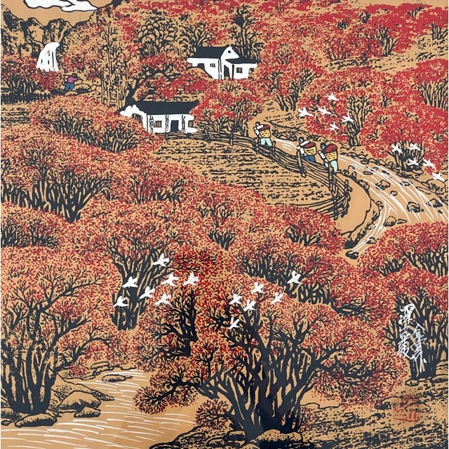 The Autumn Forest Village, Modernistic Original Woodblock Framed ...