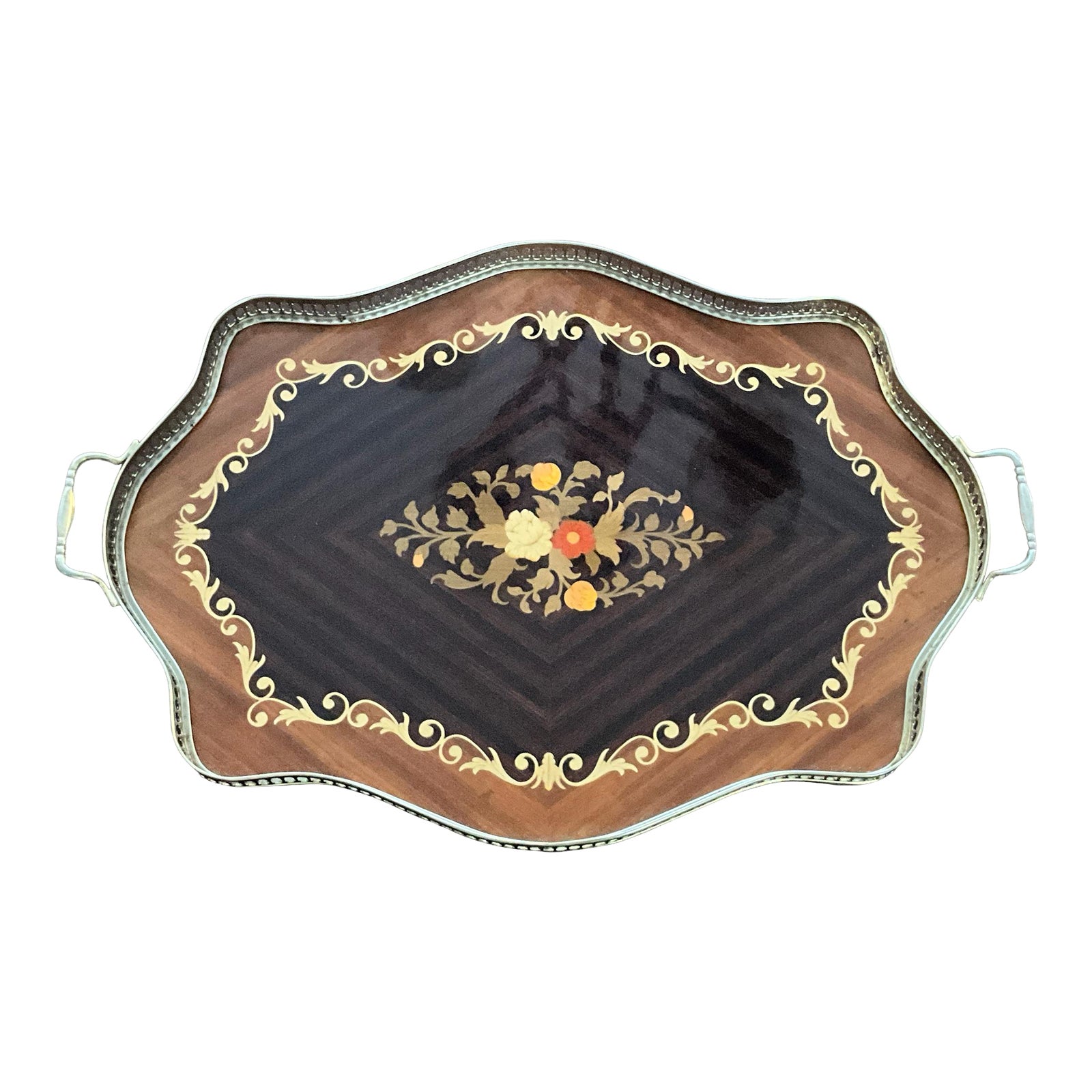 Late 20th Century Italian Marquetry Inlaid Tray With Handles | Chairish