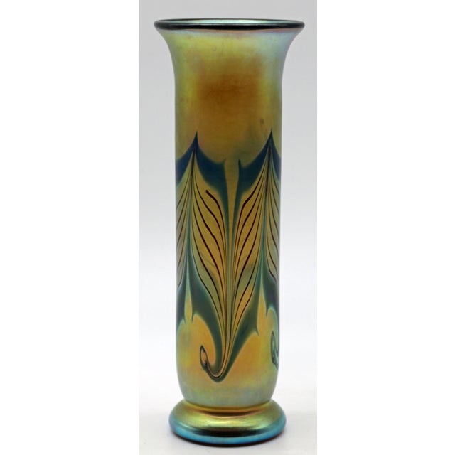 Lundberg Studios Pulled Feather Iridescent Cylinder Vase, 1981 | Chairish